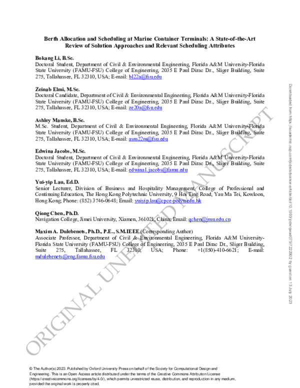 (PDF) Berth allocation and scheduling at marine container terminals: A ...
