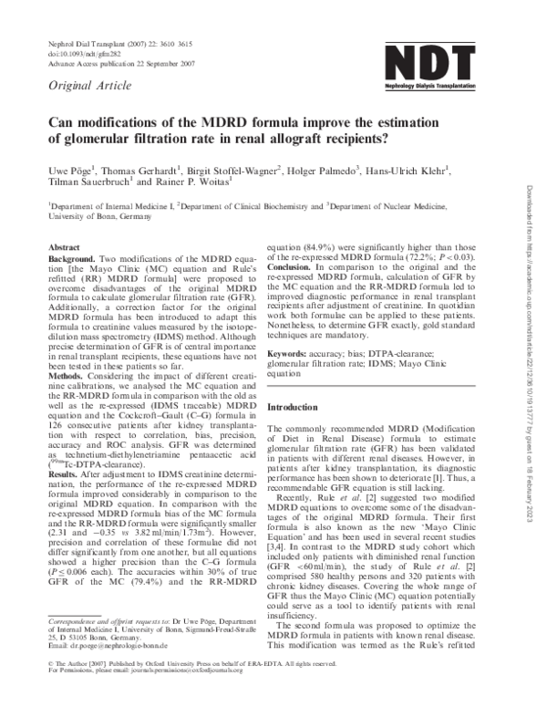 (PDF) Can modifications of the MDRD formula improve the estimation of ...