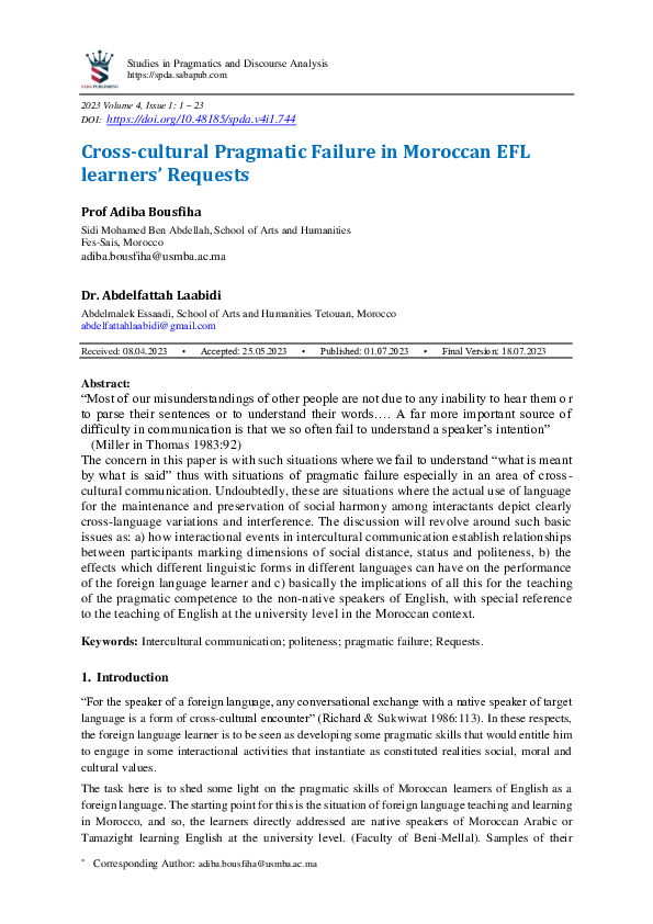 (PDF) Cross-cultural Pragmatic Failure in Moroccan EFL learners’ Requests