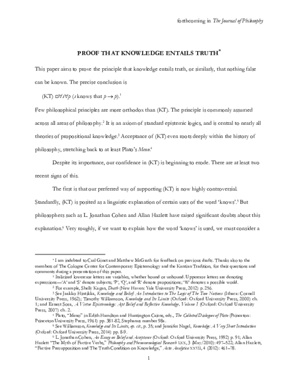 (PDF) Proof That Knowledge Entails Truth