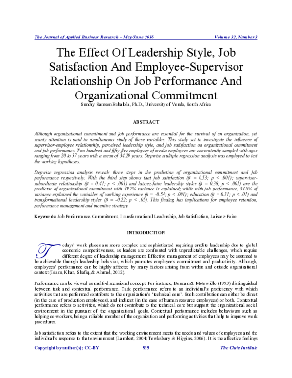 (PDF) The Effect Of Leadership Style, Job Satisfaction And Employee-Supervisor Relationship On ...