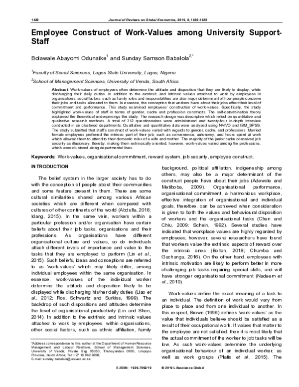 (PDF) Employee Construct of Work-Values among University Support-Staff