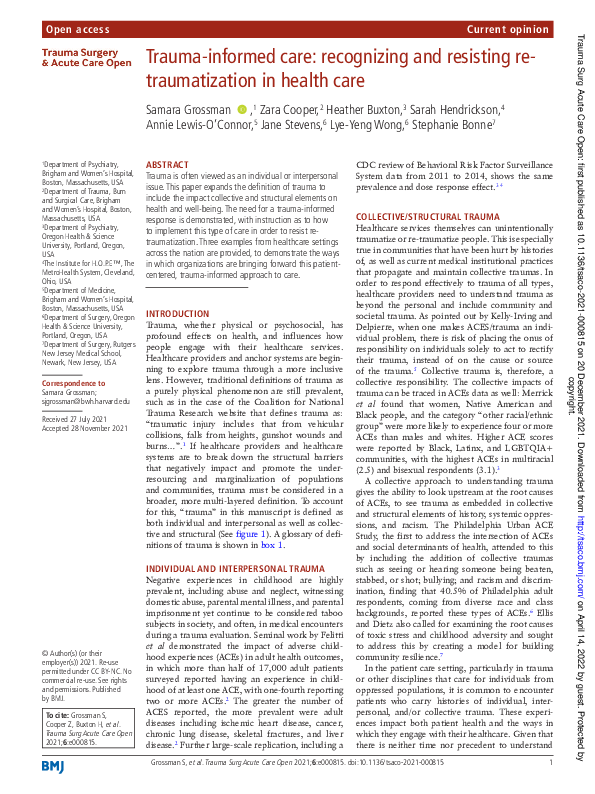 (PDF) Trauma-informed care: recognizing and resisting re-traumatization ...