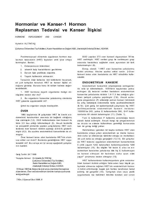 (PDF) Hormonlar ve Kanser-1 Hormon Replasman Tedavisi ve Kanser İlişkisi