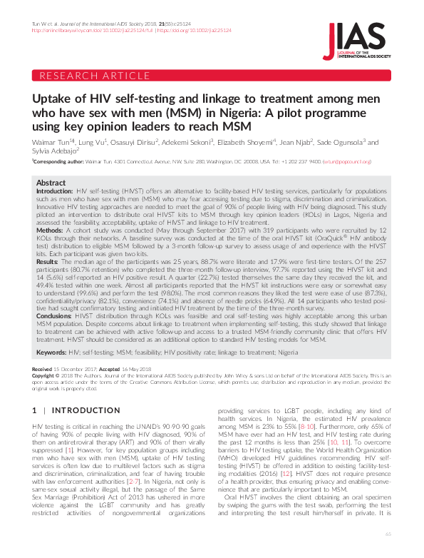 (PDF) Uptake of HIV self-testing and linkage to treatment among men who ...