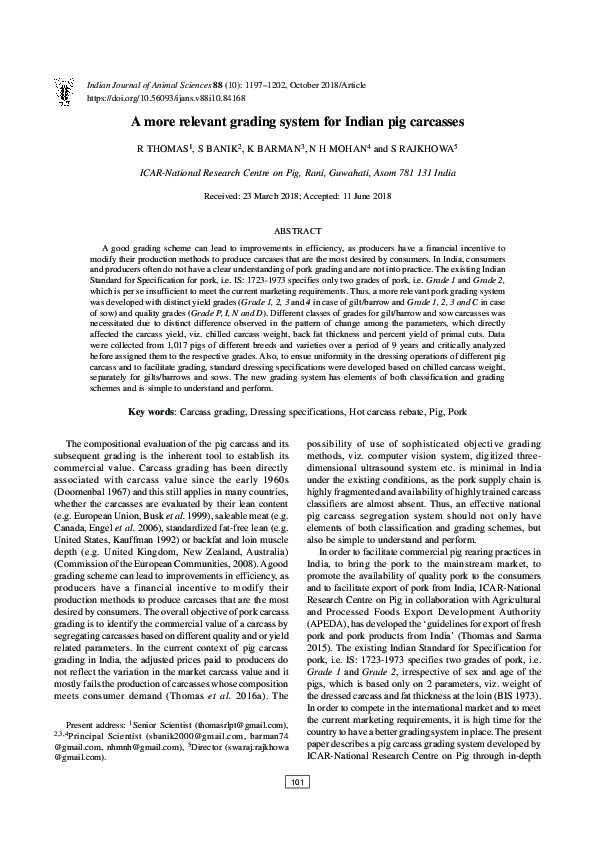 (PDF) A more relevant grading system for Indian pig carcasses | Swaraj ...