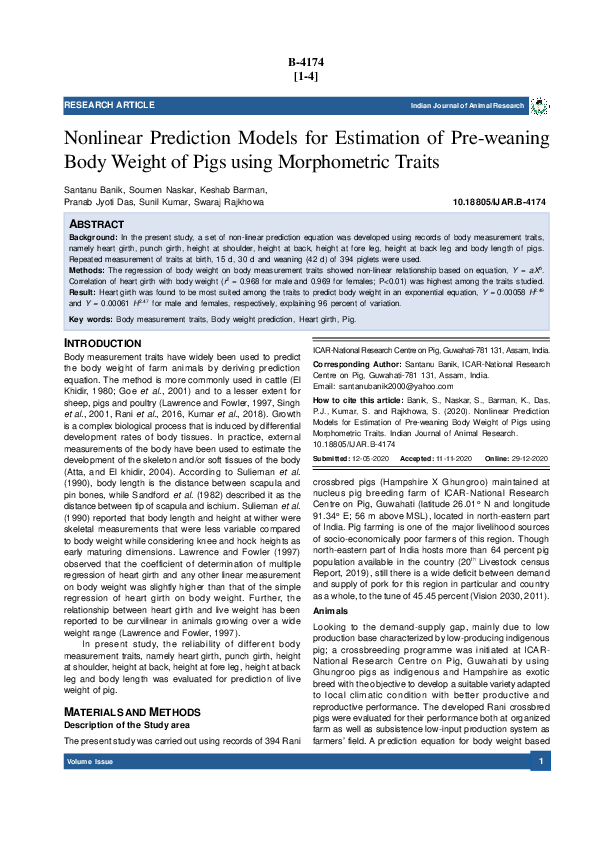 (PDF) Nonlinear Prediction Models for Estimation of Pre-weaning Body ...