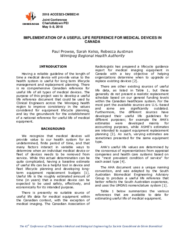 (PDF) Implementation of a Useful Life Reference for Medical Devices in ...