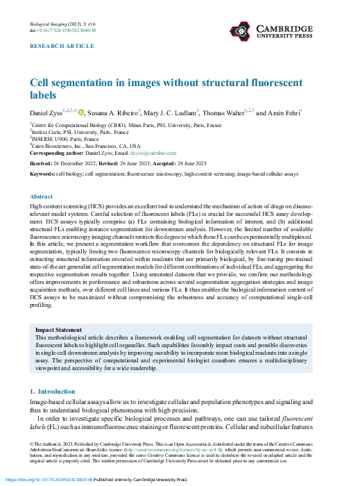 (PDF) Cell segmentation in images without structural fluorescent labels