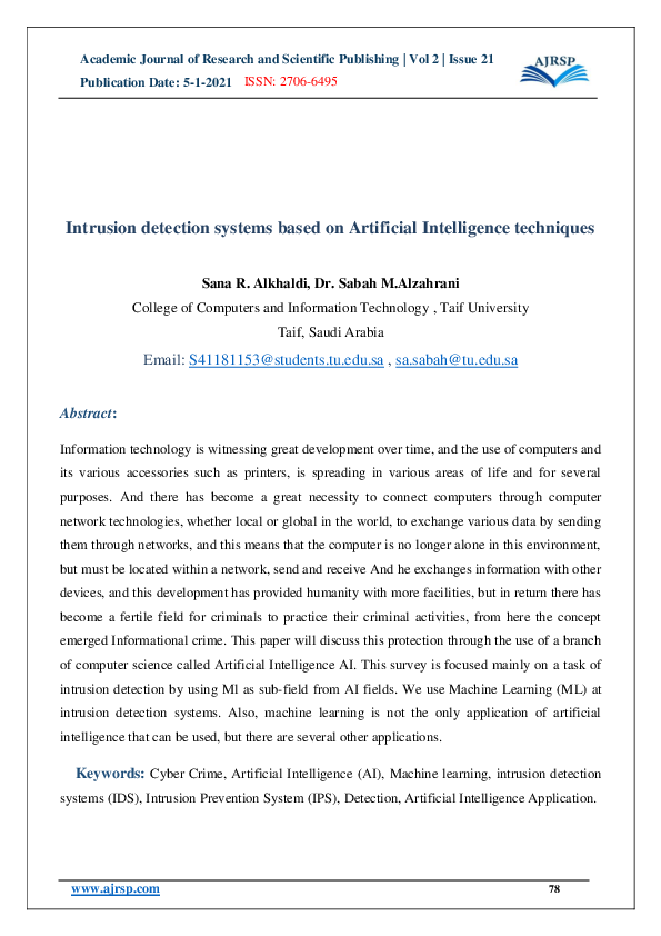 (PDF) Intrusion Detection Systems based on Artificial Intelligence (PDF) Intrusion Detection Systems based on Artificial Intelligence
