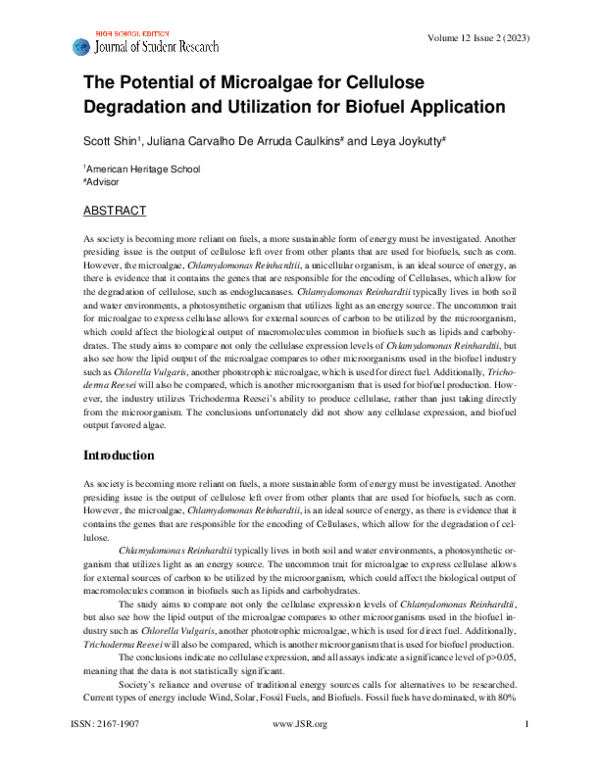 (PDF) The Potential of microalgae for cellulose degradation and utilization for biofuel application