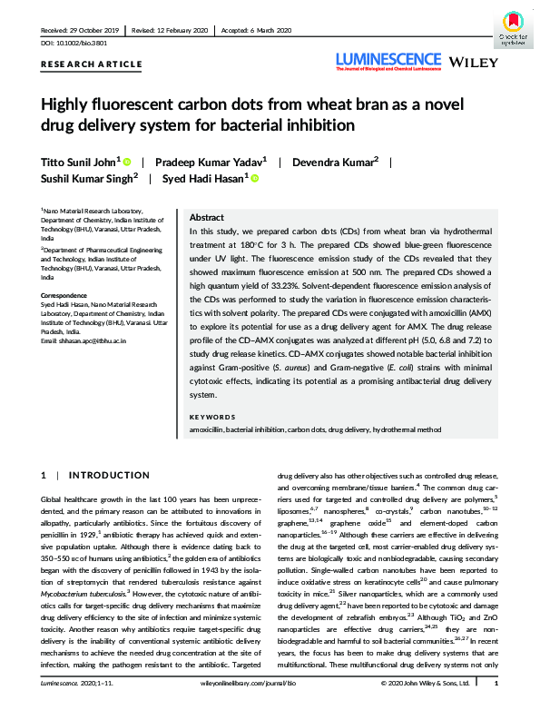 (PDF) Highly fluorescent carbon dots from wheat bran as a novel drug ...