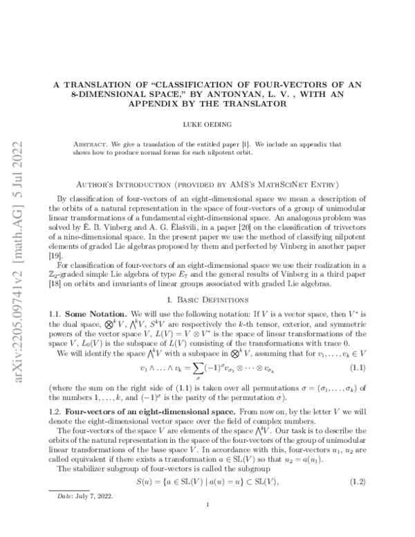 (PDF) A Translation of "Classification of four-vectors of an 8 ...