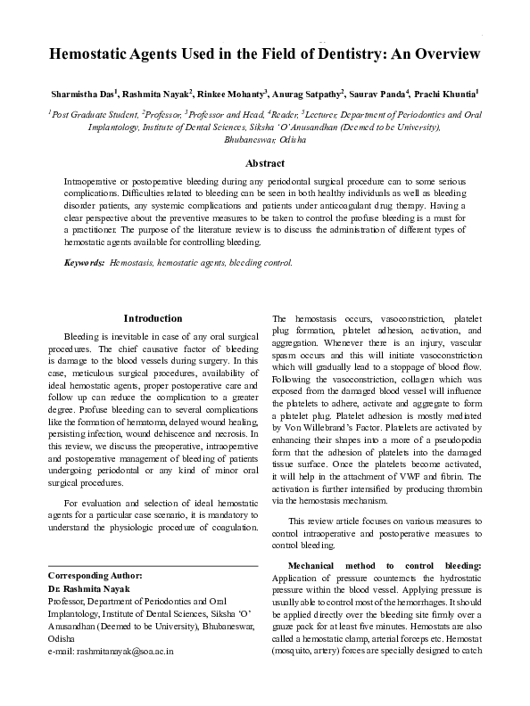 (PDF) Hemostatic Agents Used in the Field of Dentistry: An Overview