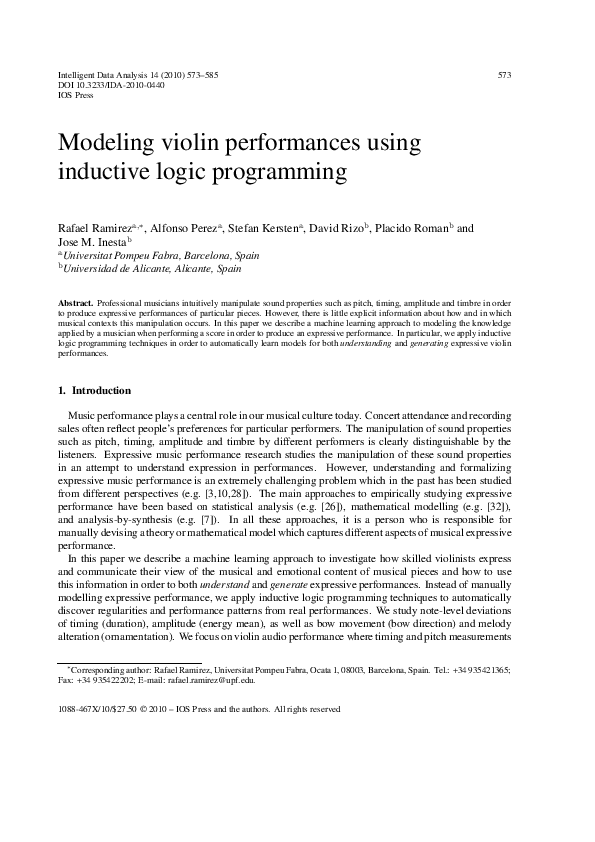 Pdf Modeling Violin Performances Using Inductive Logic Programming Rafael Ramirez