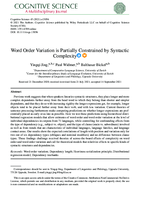 Pdf Word Order Variation Is Partially Constrained By Syntactic Complexity