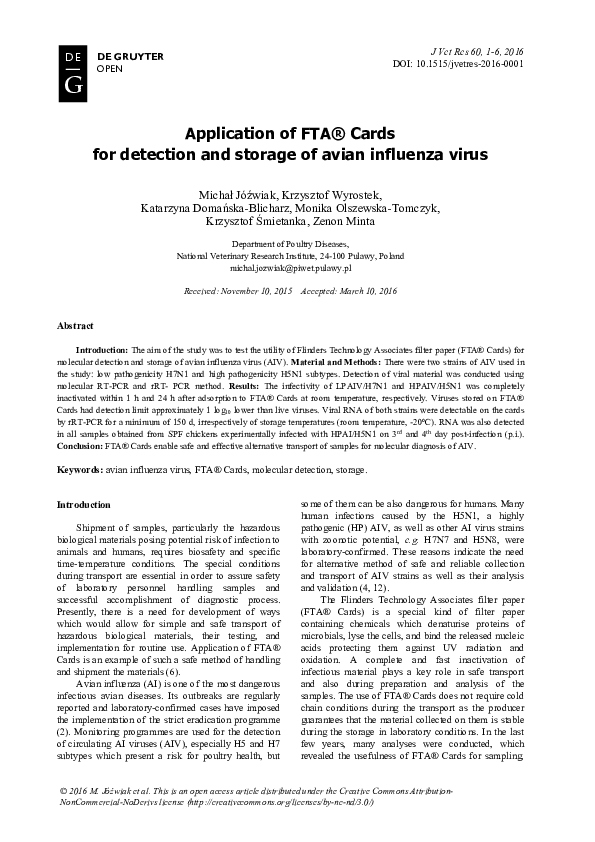 (PDF) FTA® Cards for Avian Influenza Detection