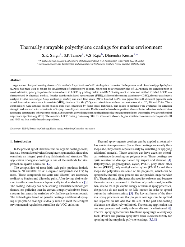 (PDF) Thermally sprayable polyethylene coatings for marine environment
