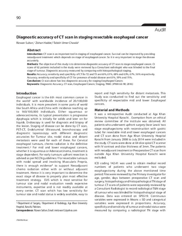 (PDF) Diagnostic accuracy of CT scan in staging resectable esophageal cancer