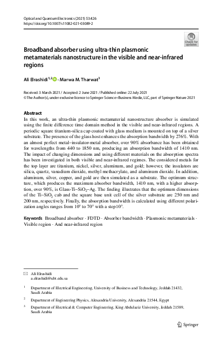 (PDF) Broadband absorber using ultra-thin plasmonic metamaterials nanostructure in the visible ...