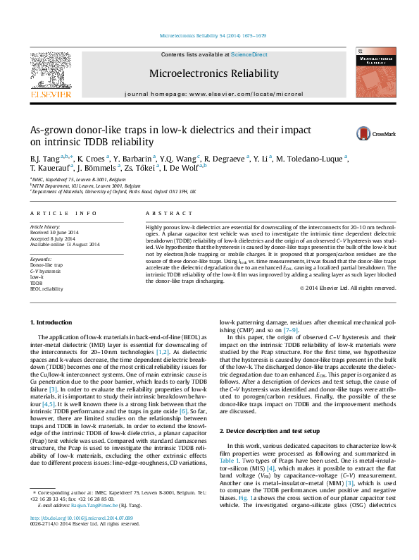 (PDF) As-grown donor-like traps in low-k dielectrics and their impact ...