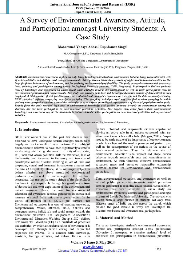 (PDF) A Survey of Environmental Awareness, Attitude, and Participation amongst University ...