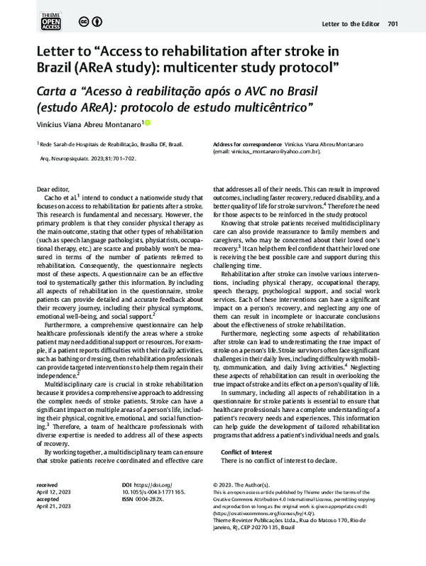 (PDF) Letter to "Access to rehabilitation after stroke in Brazil (AReA ...