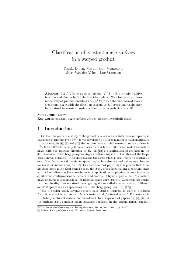 (PDF) Classification of constant angle surfaces in a warped product