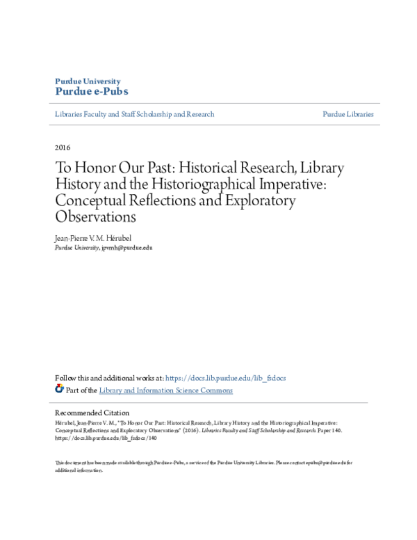 (PDF) To Honor Our Past: Historical Research, Library History and the ...