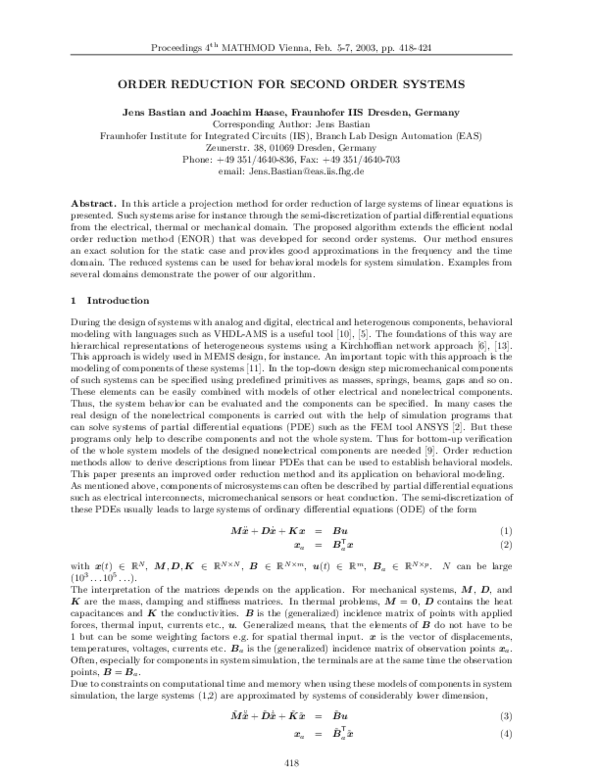 Pdf Order Reduction For Second Order Systems