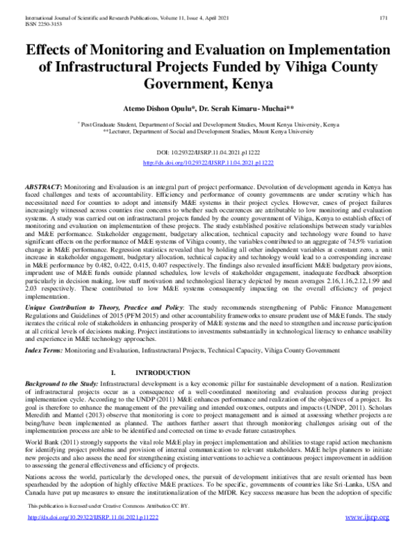(PDF) Effects of Monitoring and Evaluation on Implementation of Infrastructural Projects Funded ...