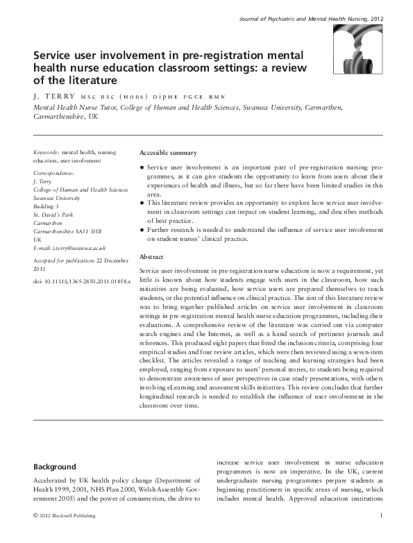 (PDF) Service user involvement in pre-registration mental health nurse ...