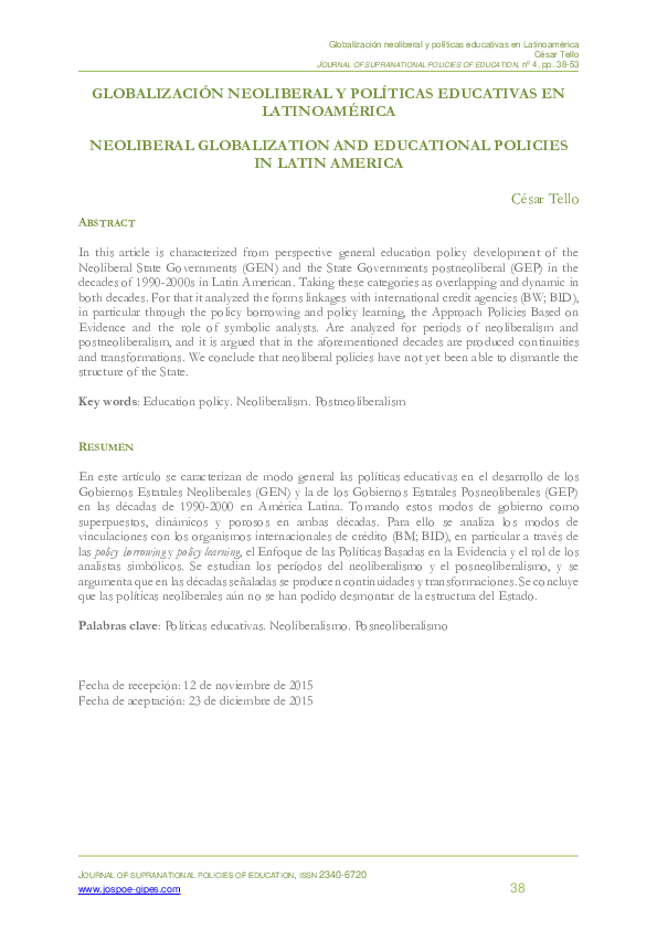 (PDF) Neoliberal globalization and educational policies in Latin America