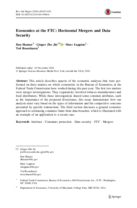 (PDF) Economics at the FTC: Horizontal Mergers and Data Security