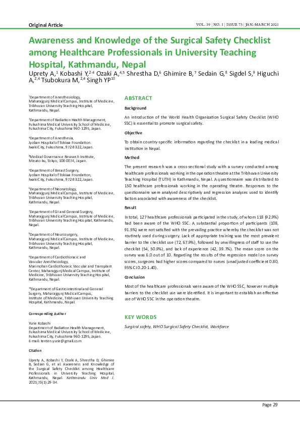 (PDF) Awareness and Knowledge of the Surgical Safety Checklist among ...