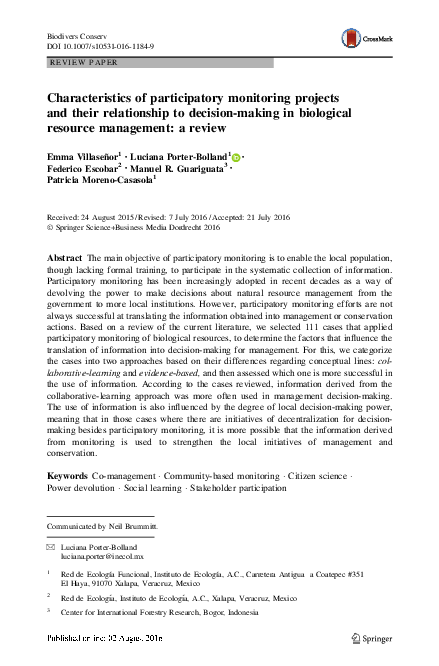 (PDF) Characteristics of participatory monitoring projects and their ...