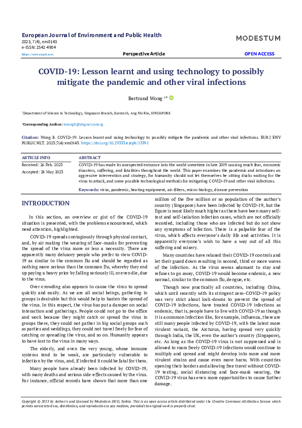 (PDF) COVID-19: Lesson learnt and using technology to possibly mitigate ...