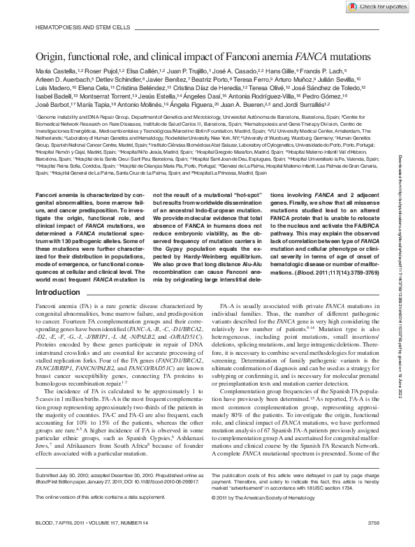 (PDF) Origin, functional role, and clinical impact of Fanconi anemia FANCA mutations