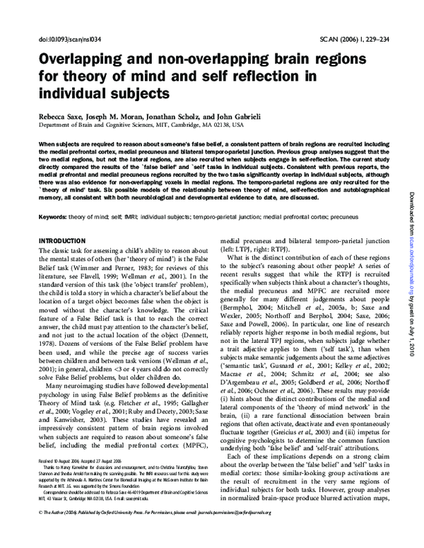 (PDF) Overlapping and non-overlapping brain regions for theory of mind and self reflection in ...