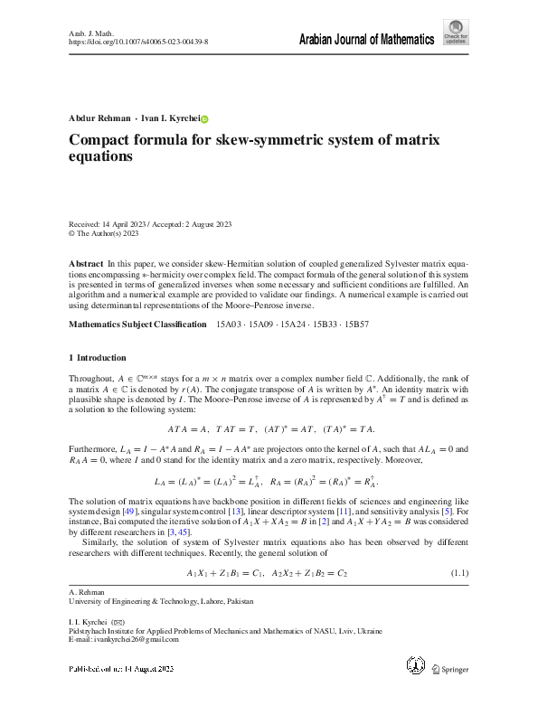(PDF) Compact formula for skew-symmetric system of matrix equations