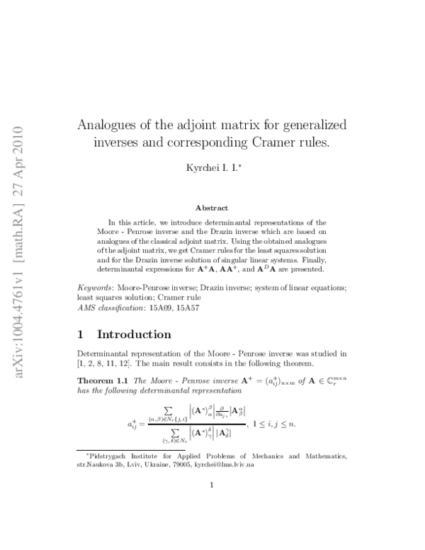 (PDF) Analogues of the adjoint matrix for generalized
