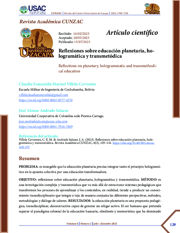 (PDF) Reflexiones sobre educación planetaria, hologramática y transmetódica