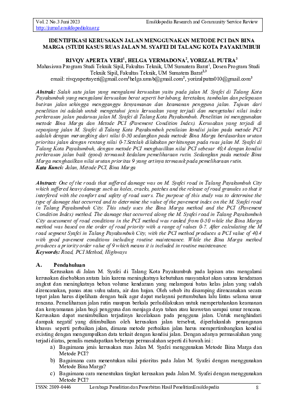 (PDF) Identifikasi Kerusakan Jalan Menggunakan Metode Pci Dan Bina ...