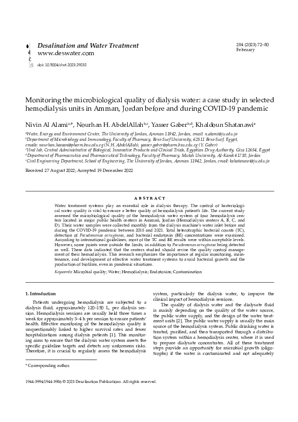 (PDF) Monitoring the microbiological quality of dialysis water: a case ...