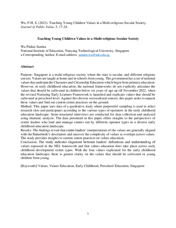 (PDF) Teaching Young Children Values in a Multi-religious Secular Society