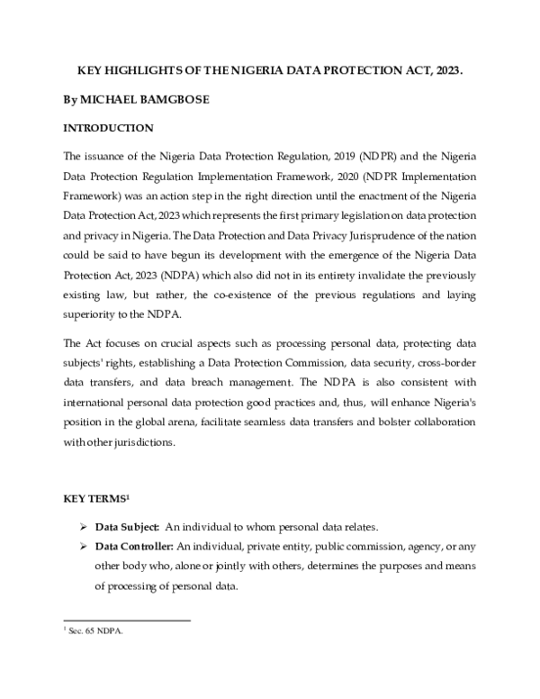 (PDF) KEY HIGHLIGHTS OF THE NIGERIA DATA PROTECTION ACT, 2023