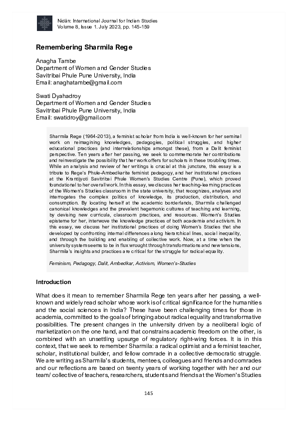 (PDF) Remembering Sharmila Rege