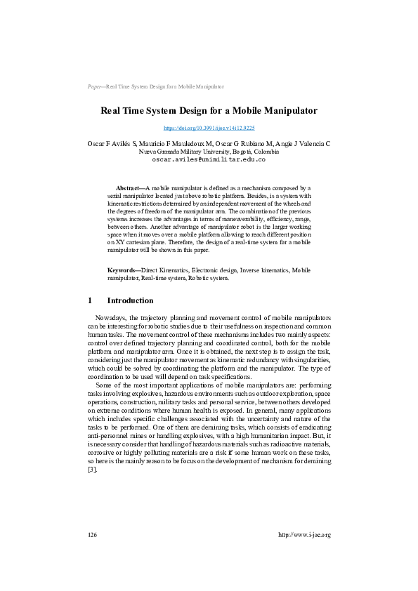 (PDF) Real Time System Design for a Mobile Manipulator