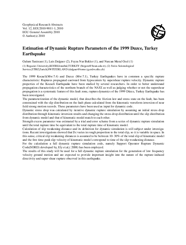 (PDF) Estimation of Dynamic Rupture Parameters of the 1999 Duzce ...