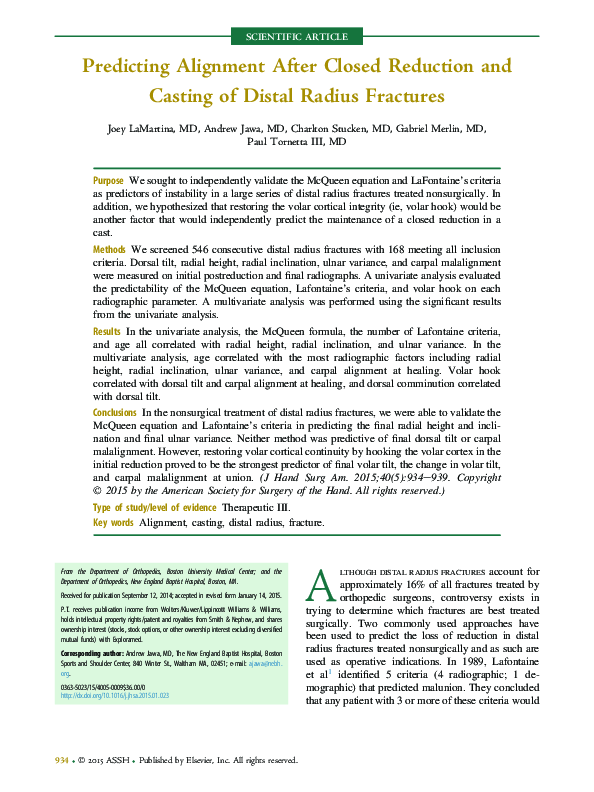Pdf Predicting Alignment After Closed Reduction And Casting Of Distal Radius Fractures